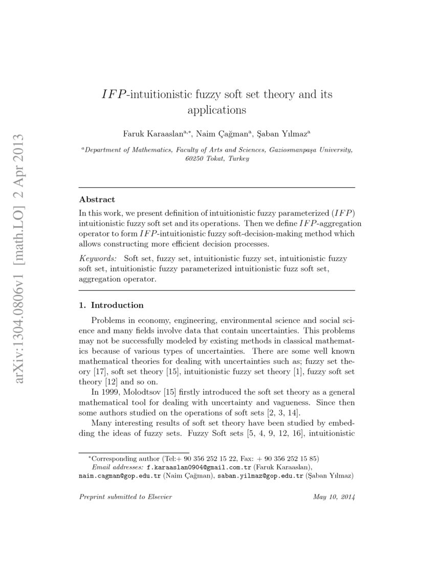 IFP-Intuitionistic fuzzy soft set theory and its applications | DeepAI