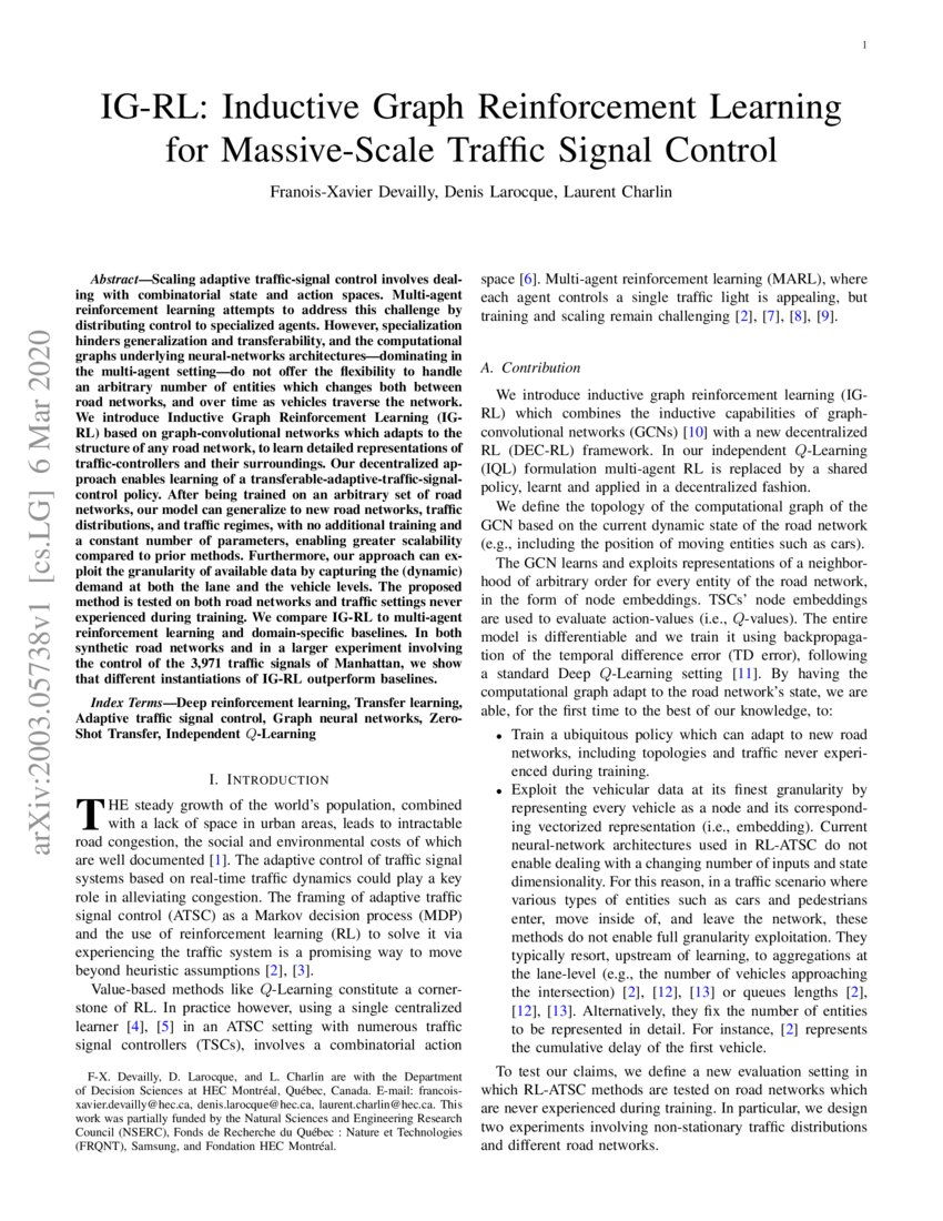 IG-RL: Inductive Graph Reinforcement Learning for Massive-Scale Traffic Signal Control | DeepAI