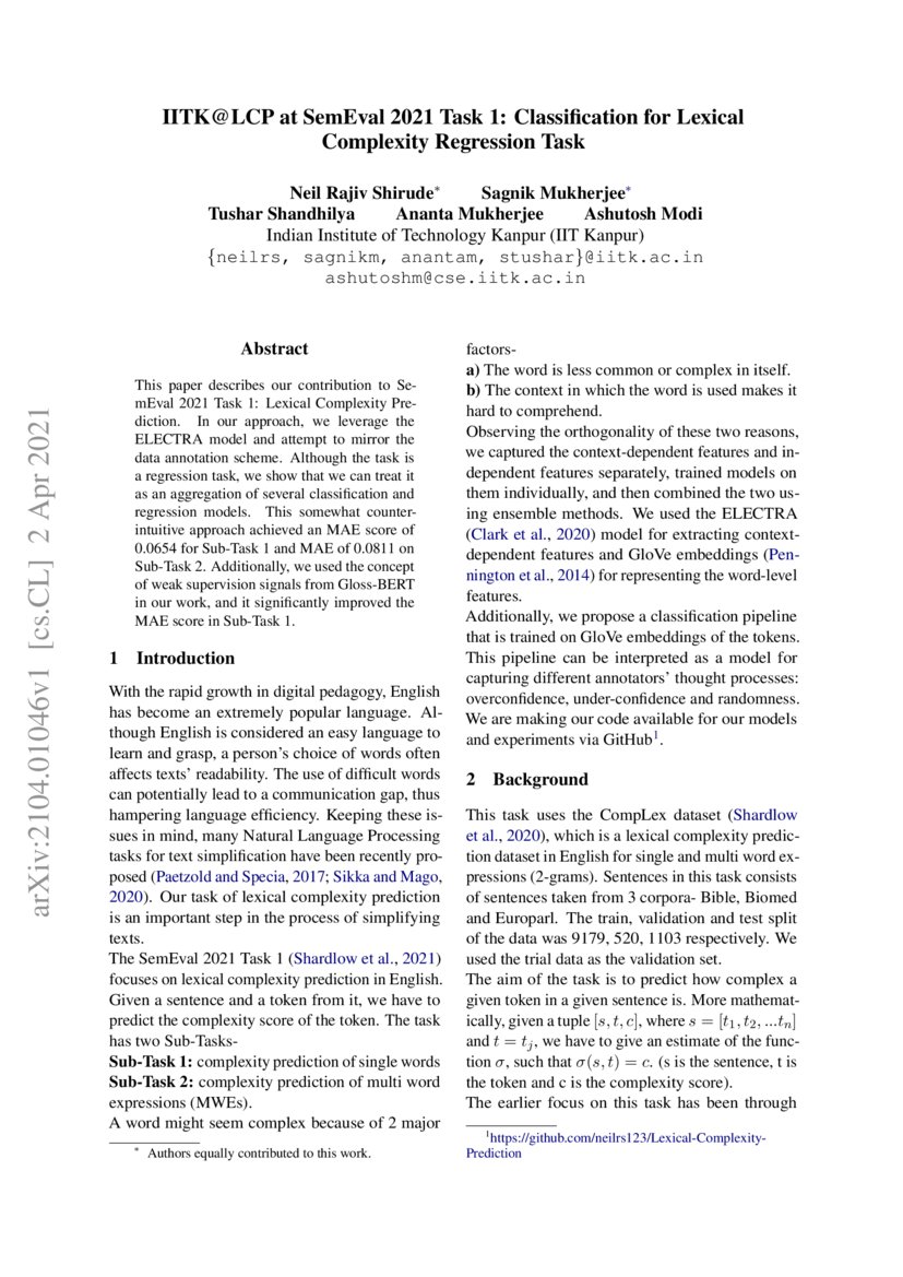 Iitklcp At Semeval 2021 Task 1 Classification For Lexical Complexity Regression Task Deepai