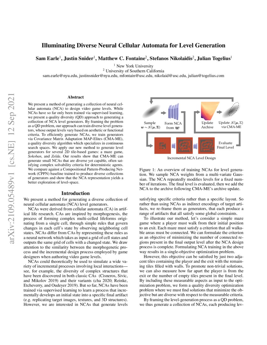 Illuminating Diverse Neural Cellular Automata for Level Generation | DeepAI