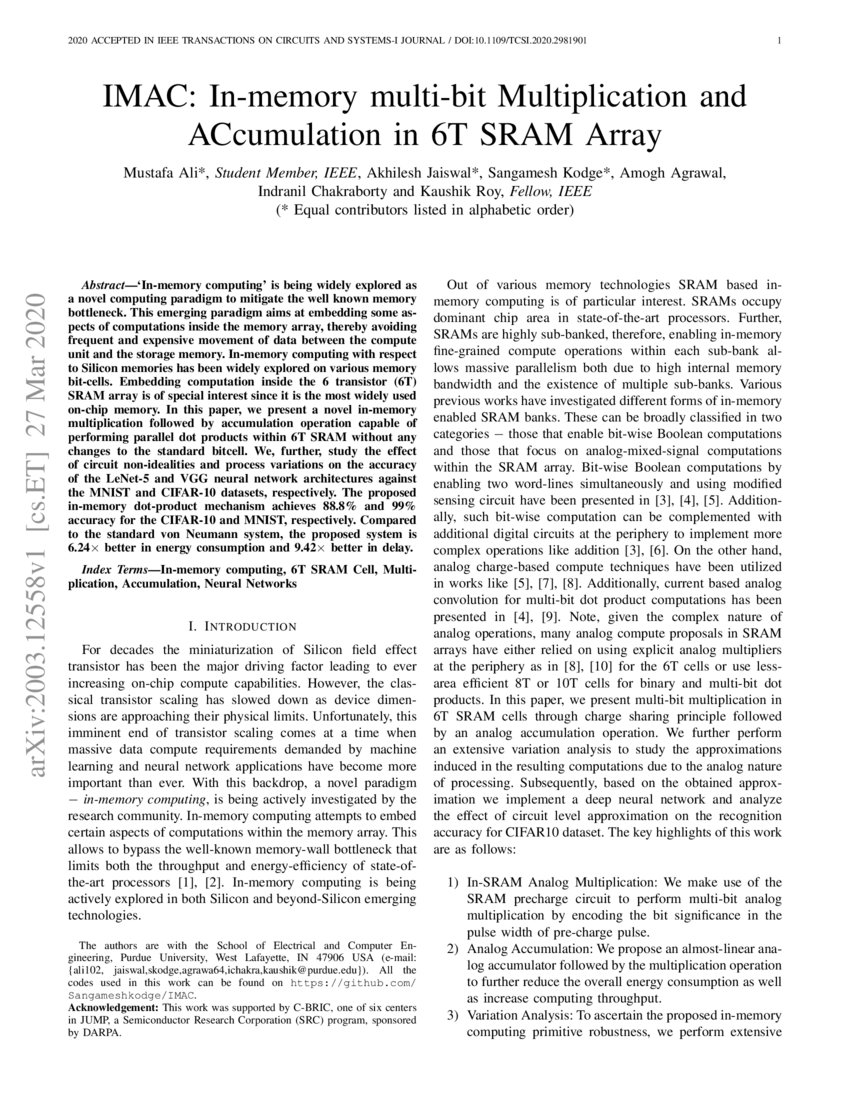 IMAC: In-memory multi-bit Multiplication andACcumulation in 6T SRAM ...
