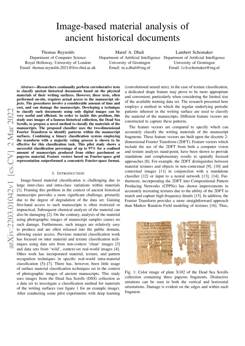 Image-based material analysis of ancient historical documents | DeepAI
