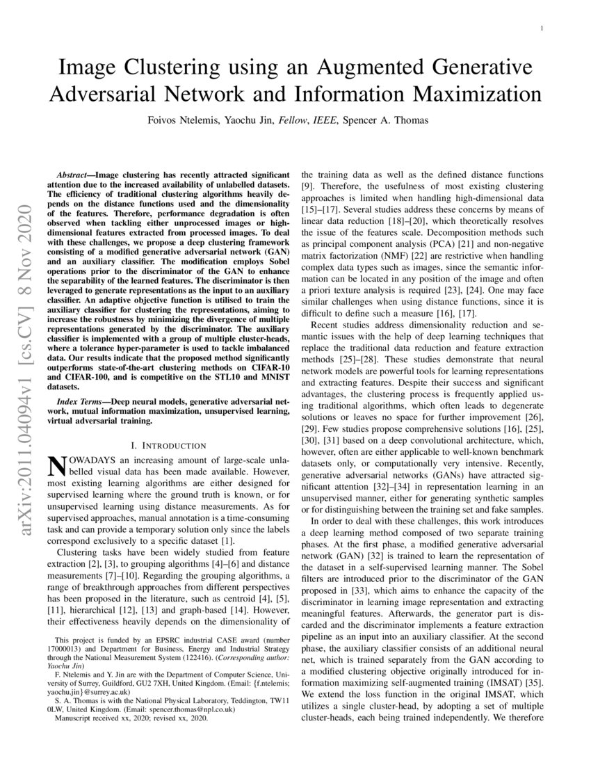 Image Clustering Using An Augmented Generative Adversarial Network And Information Maximization