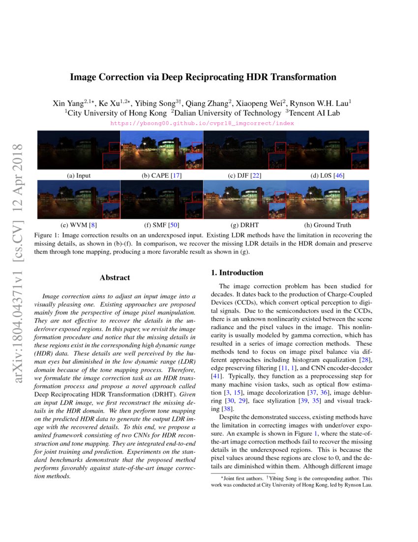 Image Correction via Deep Reciprocating HDR Transformation | DeepAI