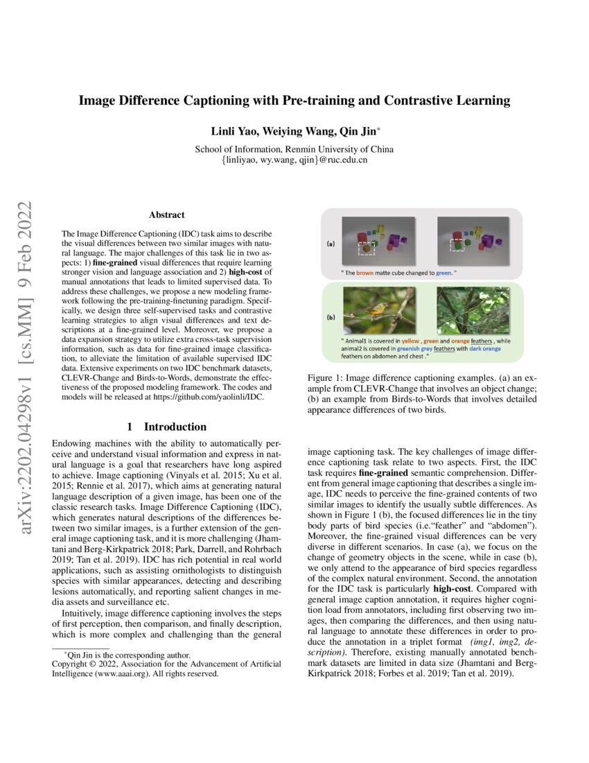 Image Difference Captioning with Pre-training and Contrastive Learning ...