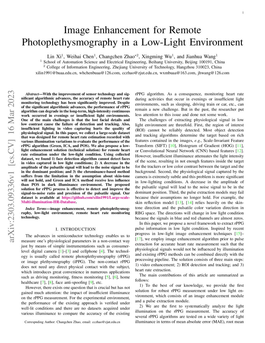 Image Enhancement for Remote Photoplethysmography in a Low-Light ...