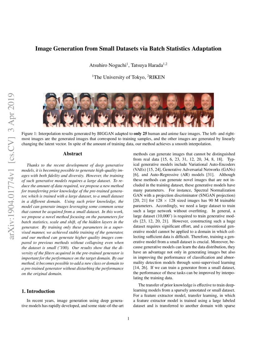 Image Generation From Small Datasets Via Batch Statistics Adaptation