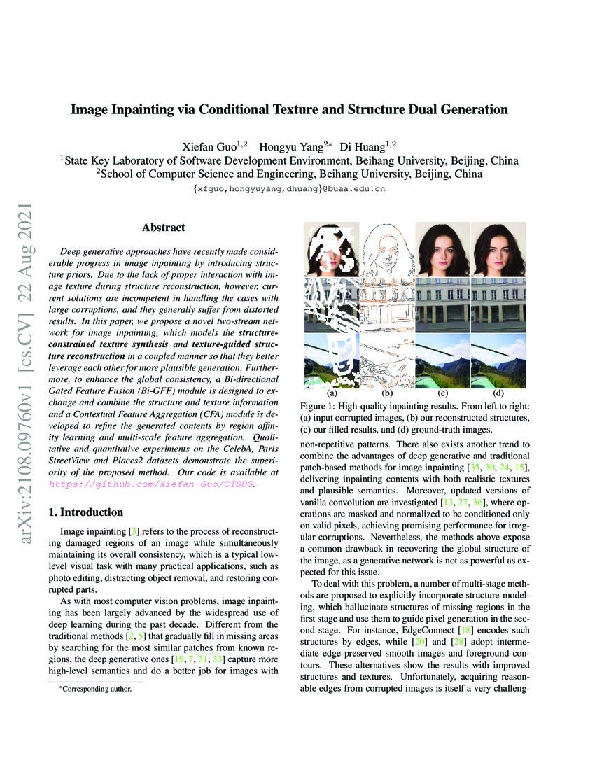 Image Inpainting via Conditional Texture and Structure Dual Generation | DeepAI