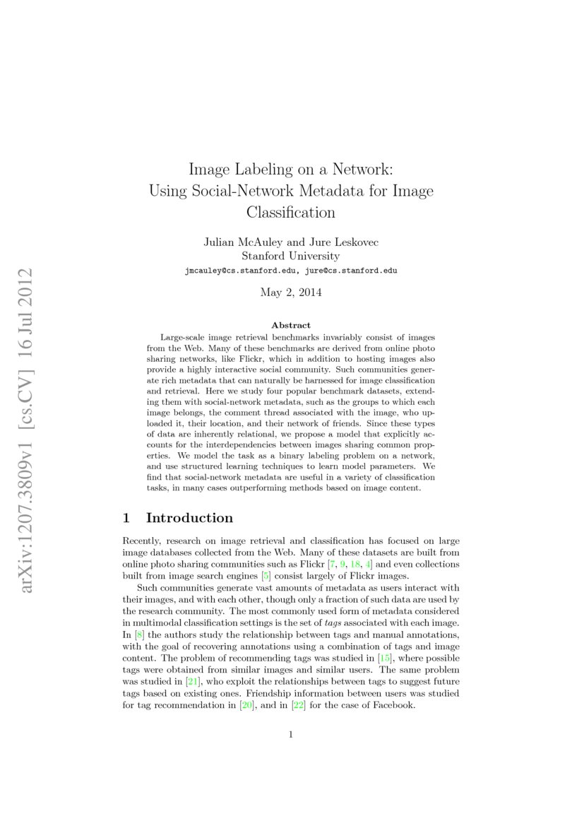 Image Labeling On A Network Using Social Network Metadata For Image Classification Deepai