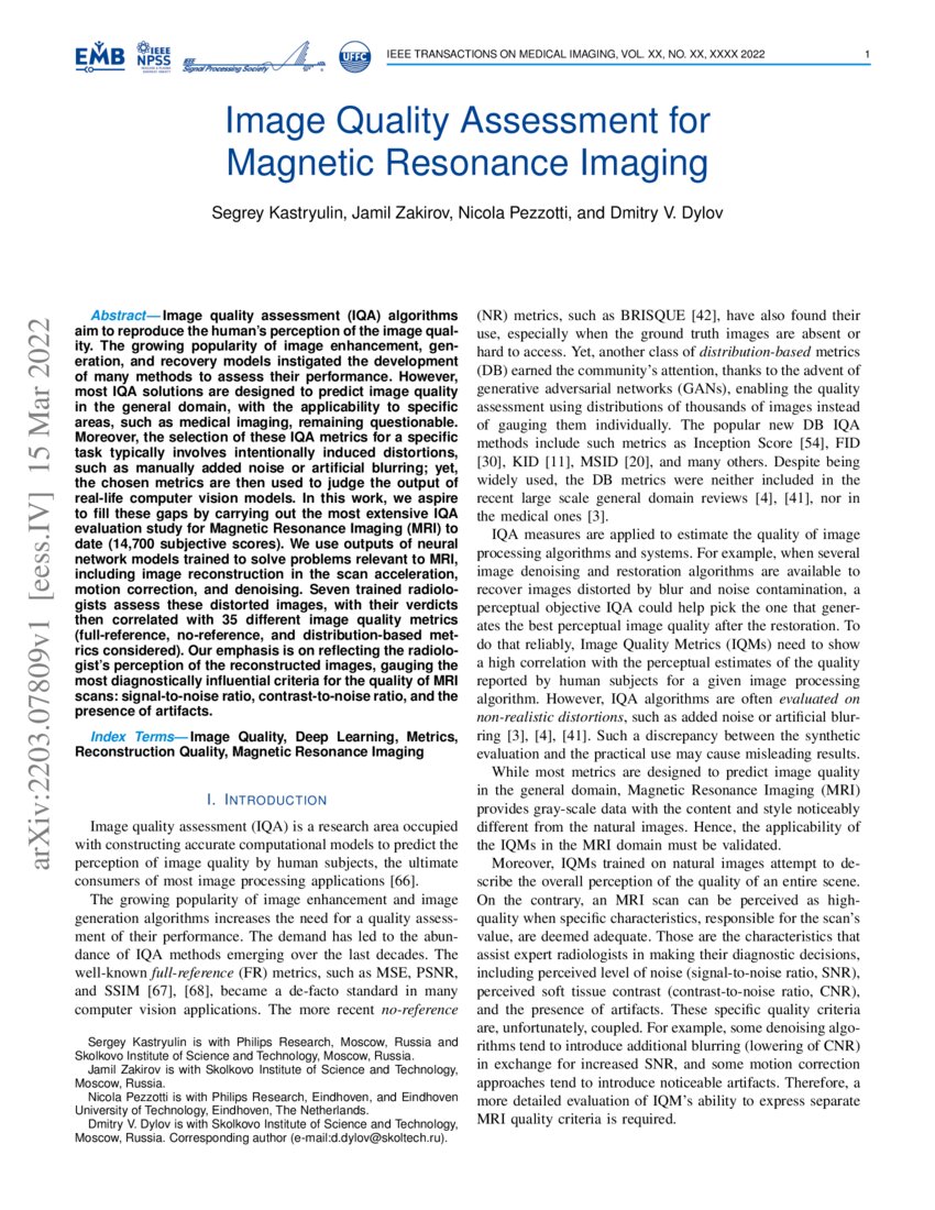 Image Quality Assessment for Magnetic Resonance Imaging | DeepAI