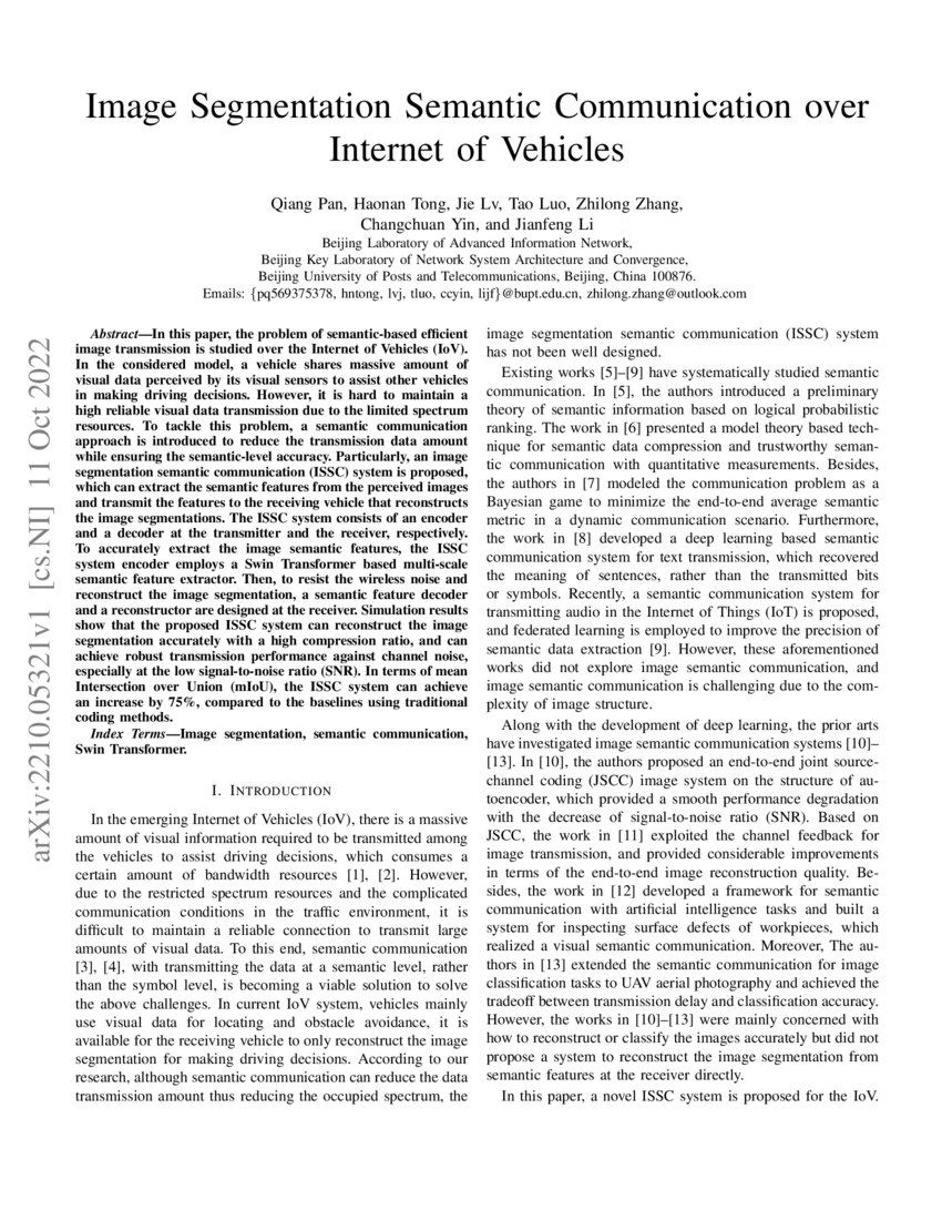 Image Segmentation Semantic Communication Over Internet Of Vehicles Deepai