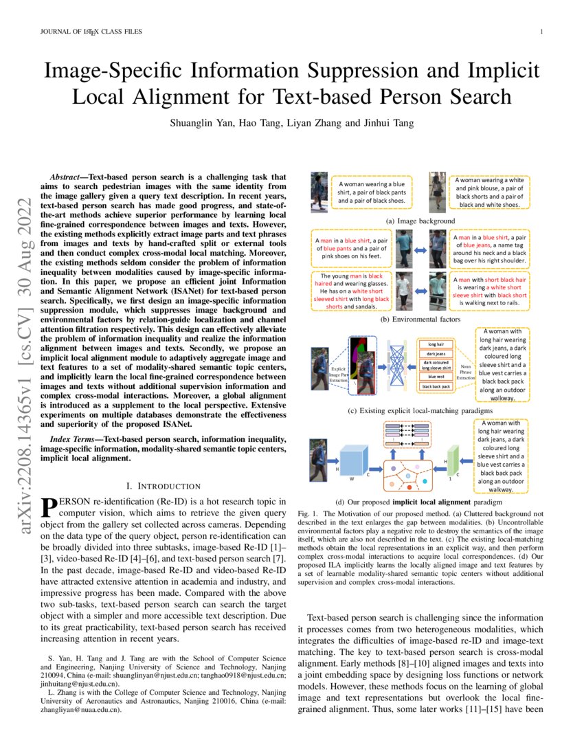 Image-Specific Information Suppression and Implicit Local Alignment for Text-based Person Search ...