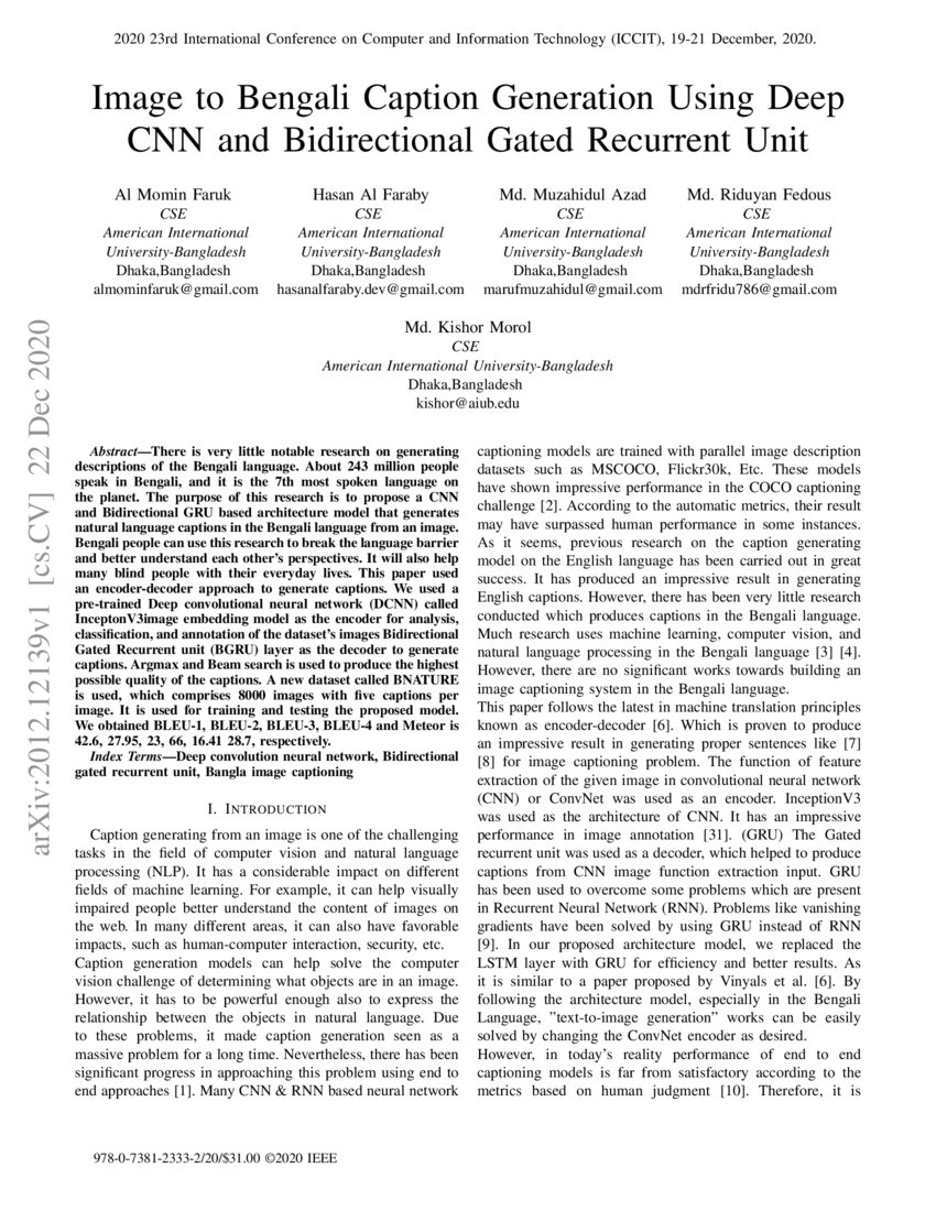 Image To Bengali Caption Generation Using Deep Cnn And Bidirectional Gated Recurrent Unit Deepai