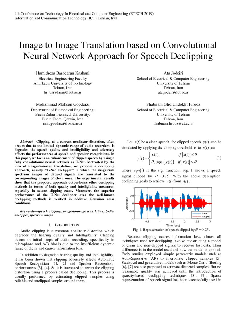 Image to Image Translation based on Convolutional Neural Network Approach for Speech Declipping ...