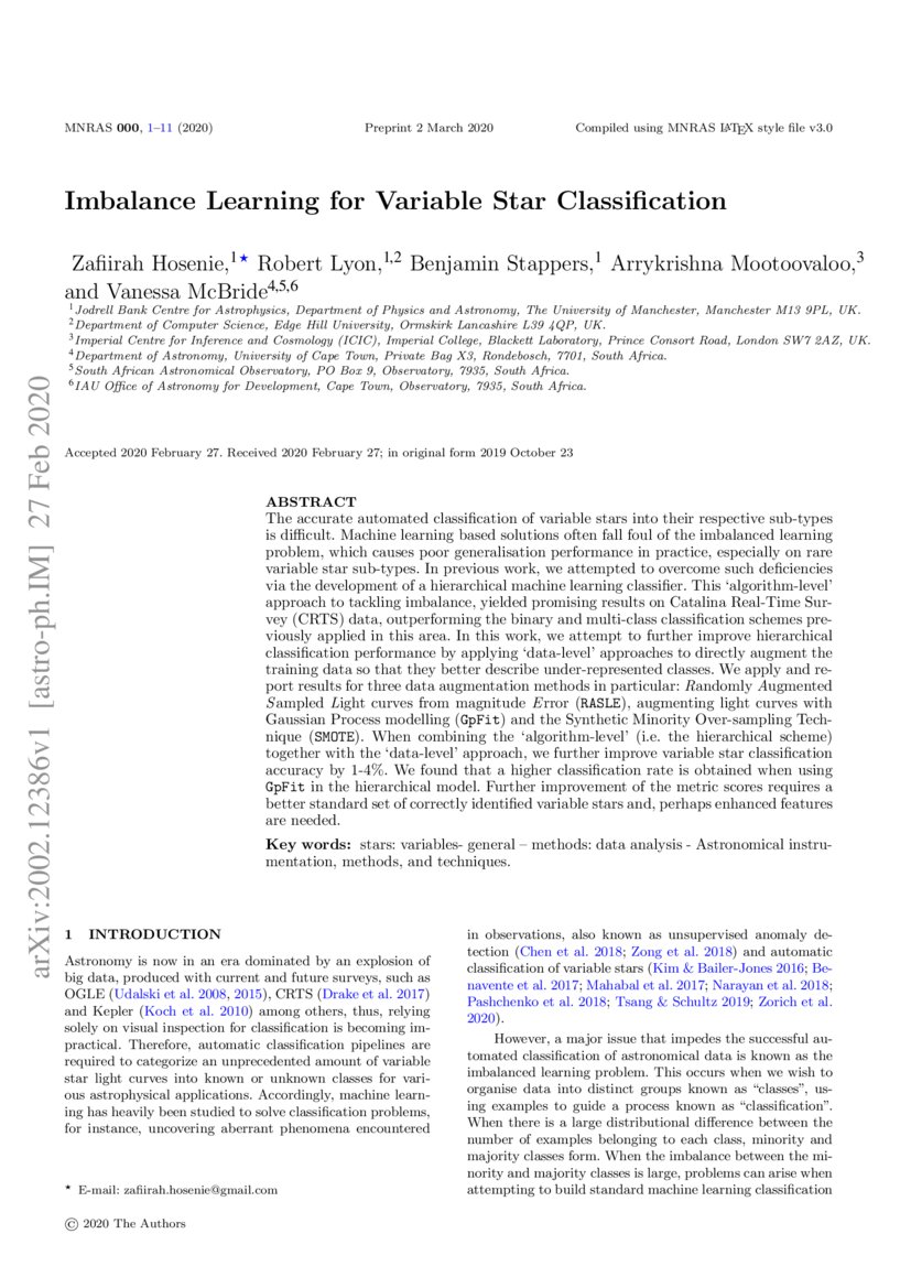 Imbalance Learning for Variable Star Classification | DeepAI