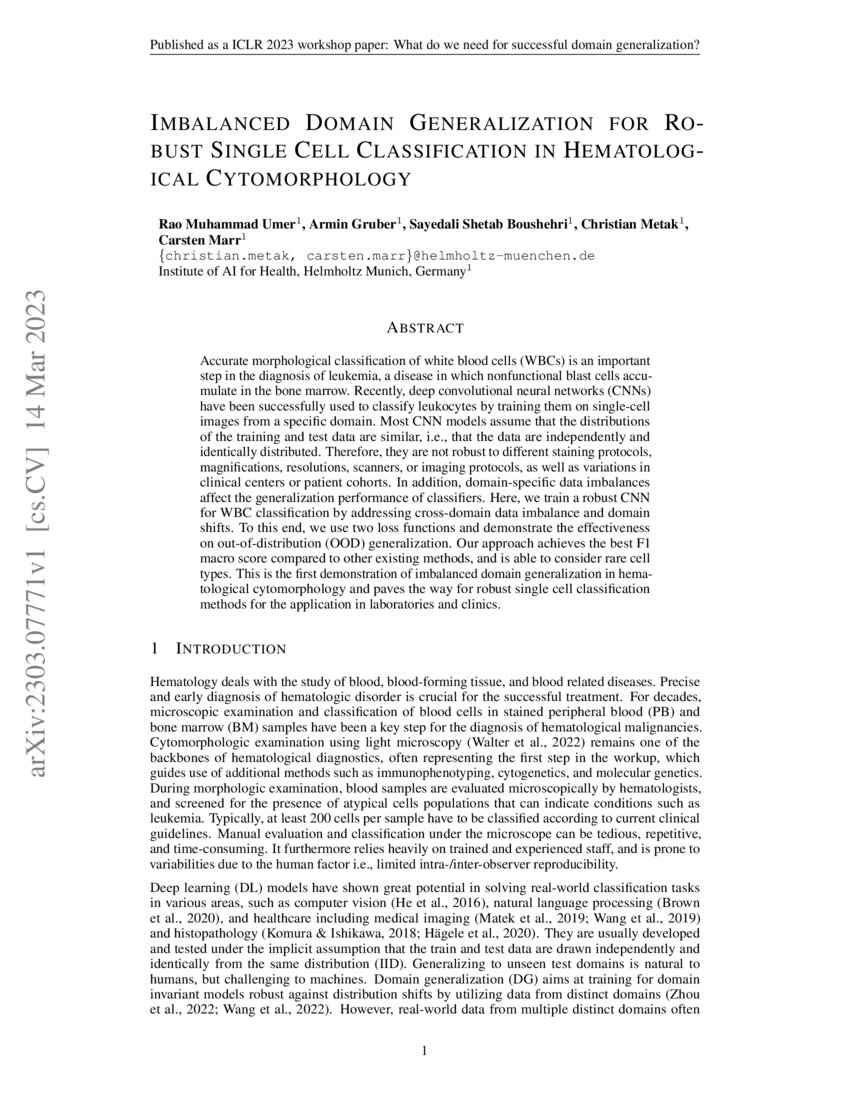 Imbalanced Domain Generalization for Robust Single Cell Classification in Hematological ...