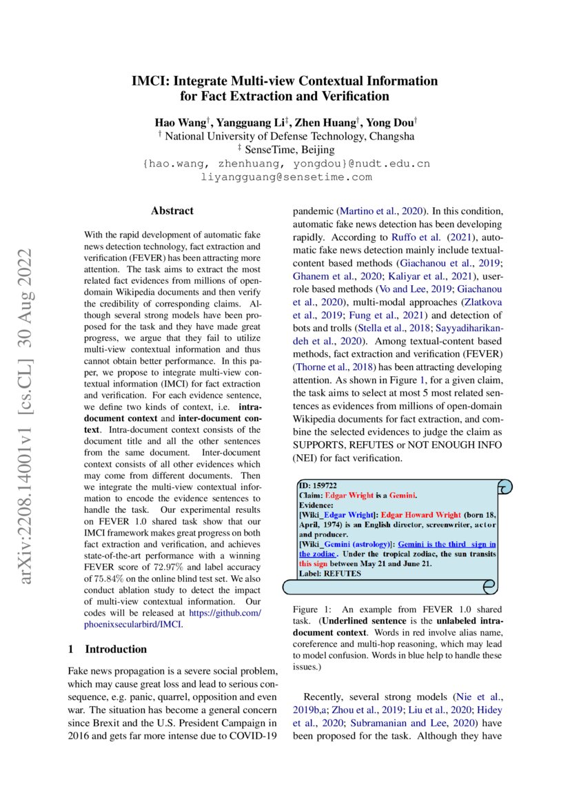 Imci Integrate Multi View Contextual Information For Fact Extraction And Verification Deepai 