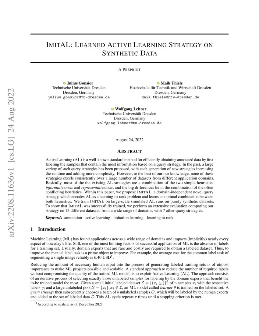 ImitAL: Learned Active Learning Strategy on Synthetic Data | DeepAI
