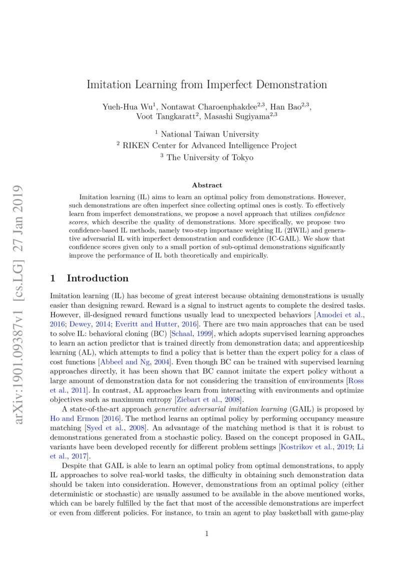 Imitation Learning from Imperfect Demonstration | DeepAI