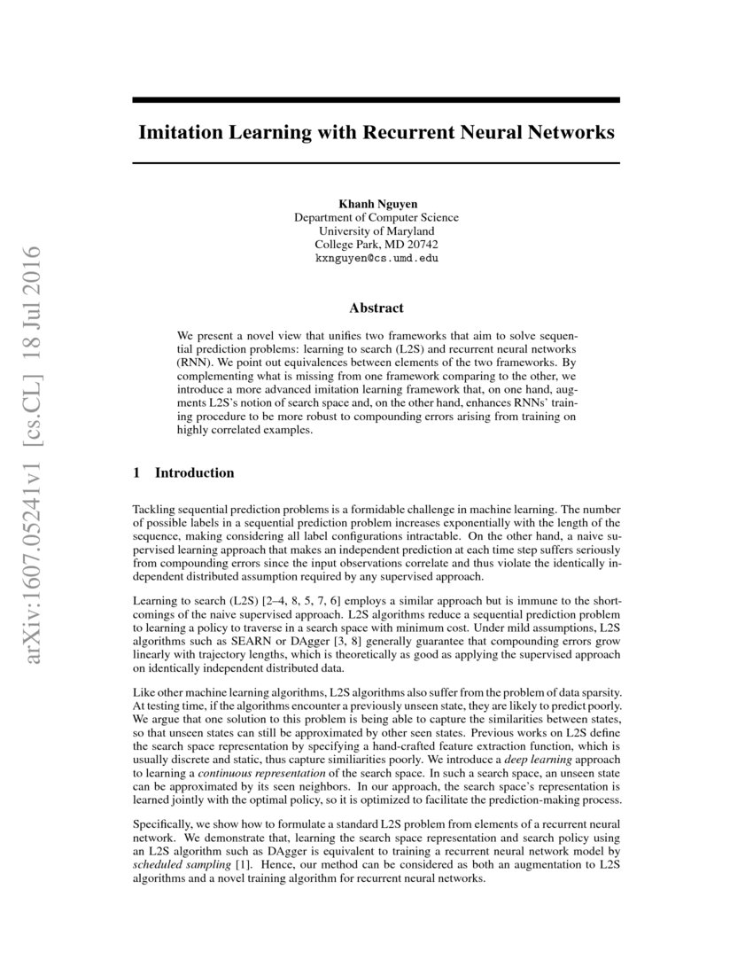 Imitation Learning with Recurrent Neural Networks | DeepAI