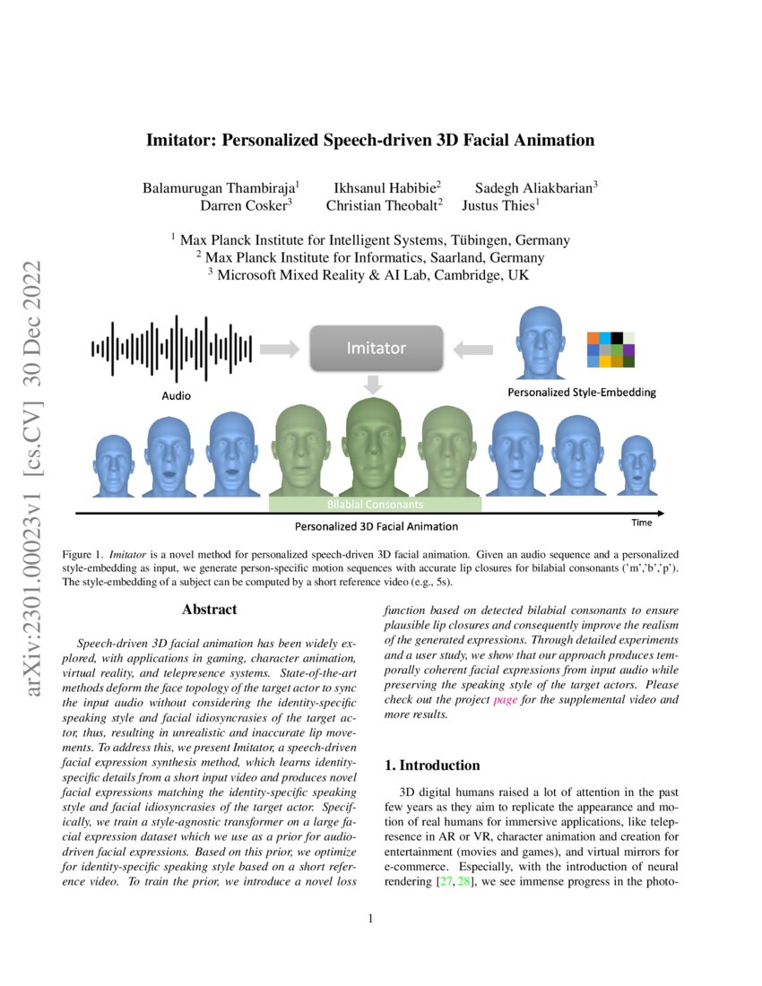 Imitator Personalized Speech Driven 3d Facial Animation Deepai
