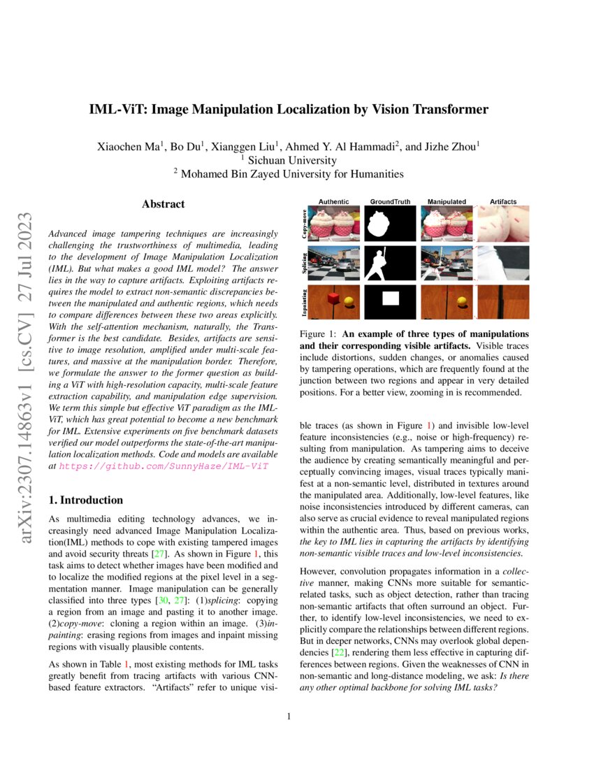 IML-ViT: Image Manipulation Localization by Vision Transformer | DeepAI