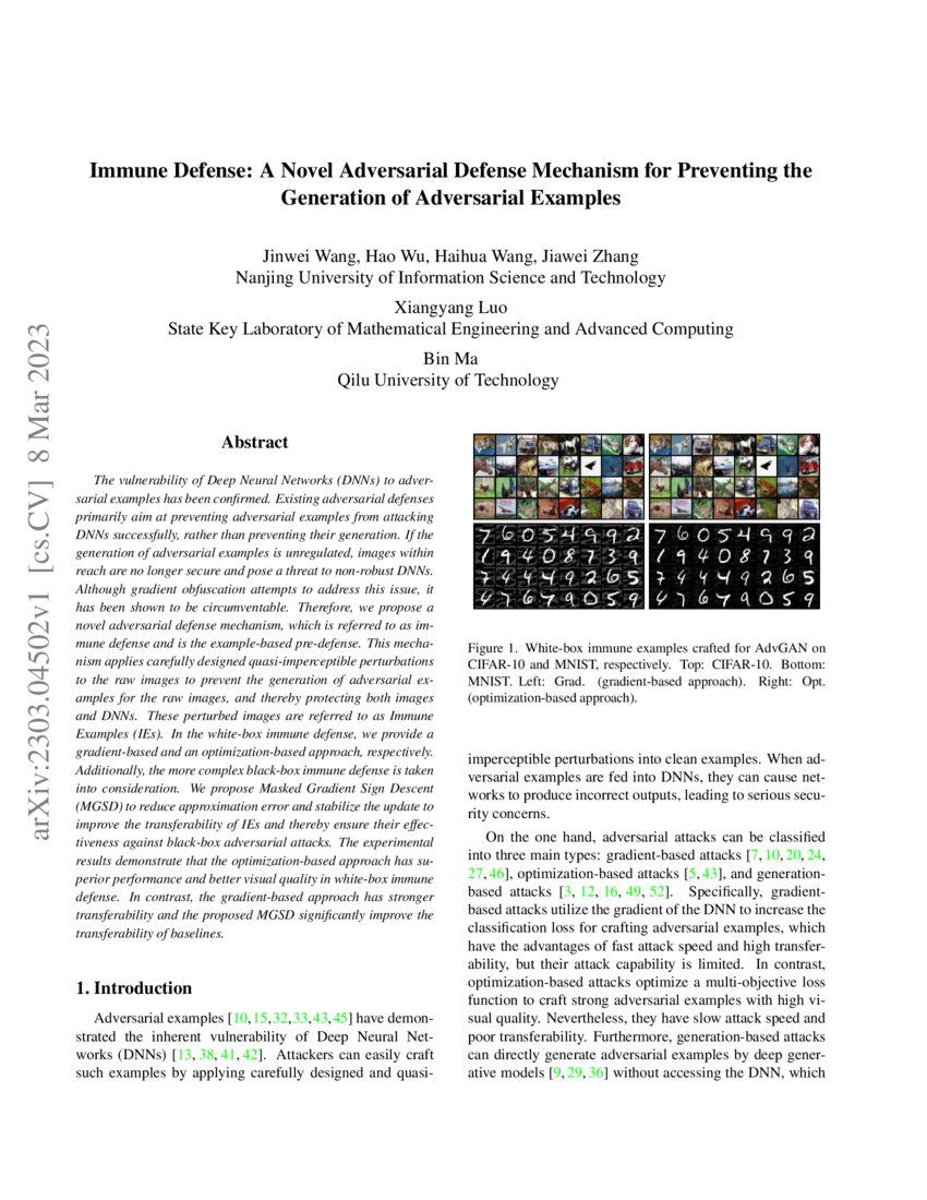 Immune Defense: A Novel Adversarial Defense Mechanism for Preventing ... Immune Defense: A Novel Adversarial Defense Mechanism for Preventing ...
