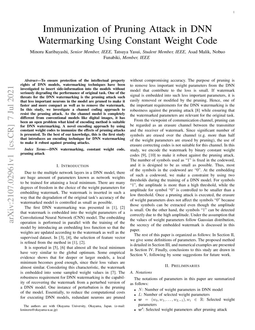 Immunization of Pruning Attack in DNN Watermarking Using Constant Weight Code | DeepAI