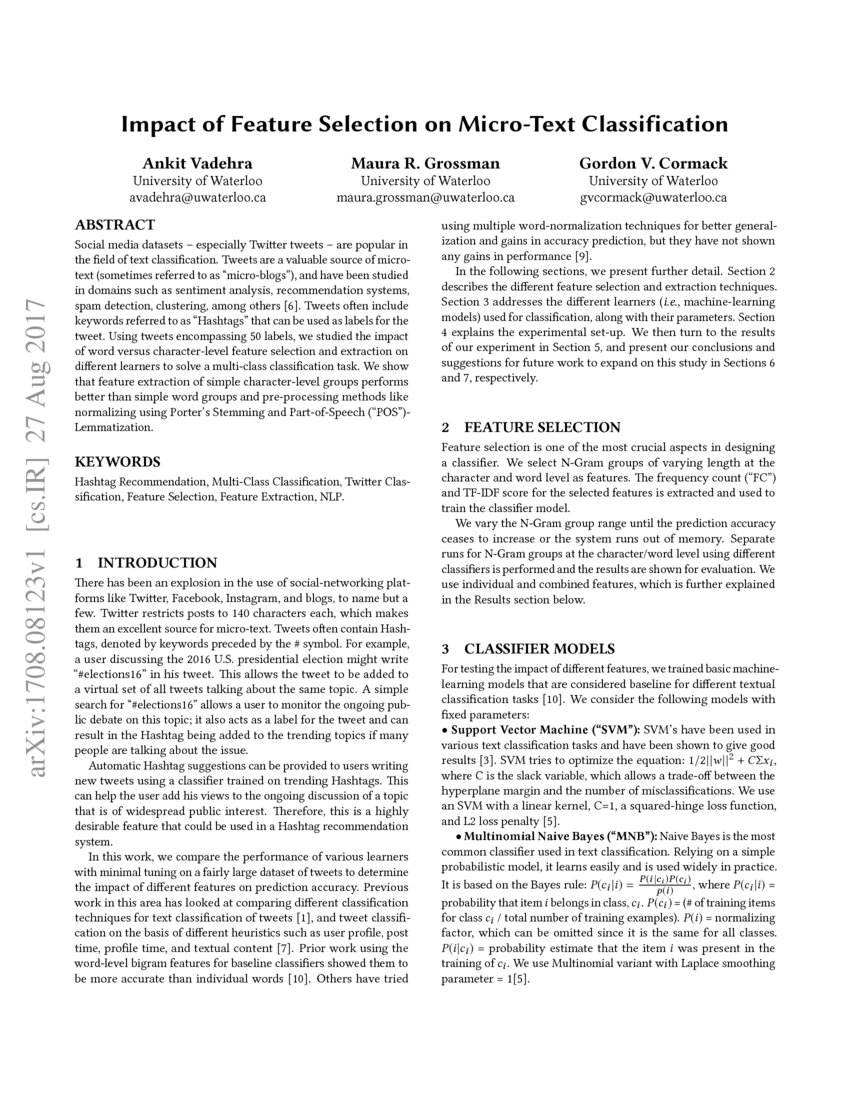 Impact of Feature Selection on Micro-Text Classification | DeepAI