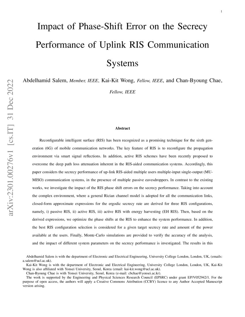 Impact of Phase-Shift Error on the Secrecy Performance of Uplink RIS ...