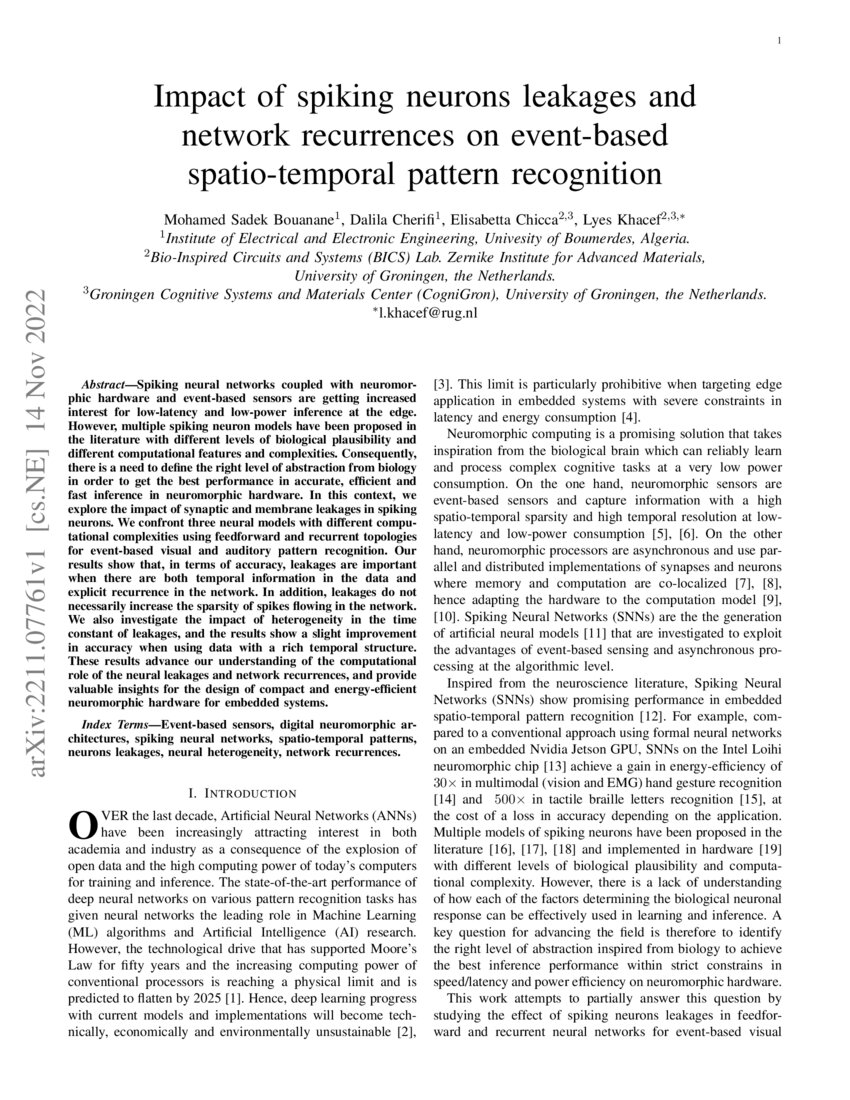 Impact of spiking neurons leakages and network recurrences on event ... Impact of spiking neurons leakages and network recurrences on event ...