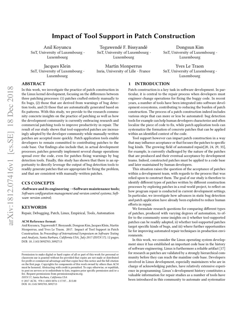 Impact of Tool Support in Patch Construction | DeepAI