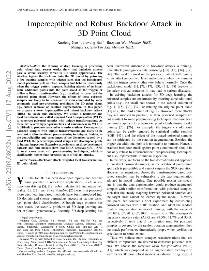 Imperceptible and Robust Backdoor Attack in 3D Point Cloud | DeepAI