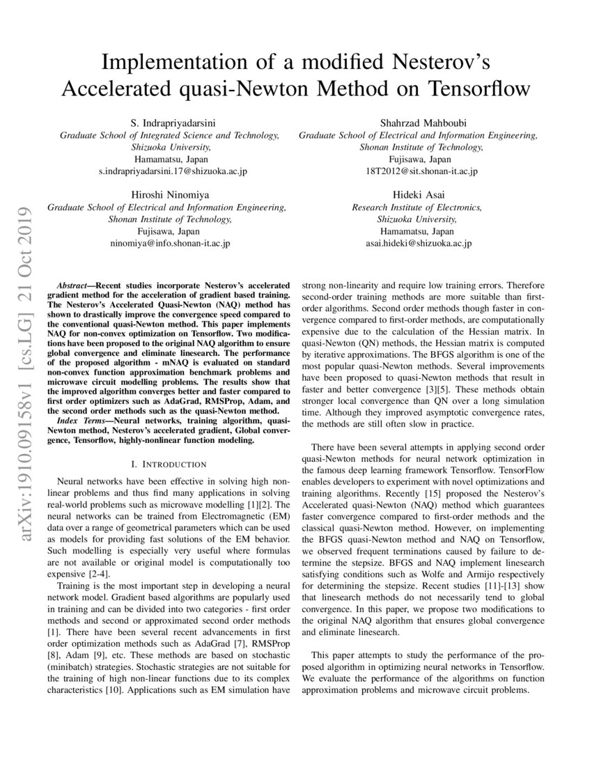 Implementation of a modified Nesterov's Accelerated quasi-Newton Method on Tensorflow | DeepAI