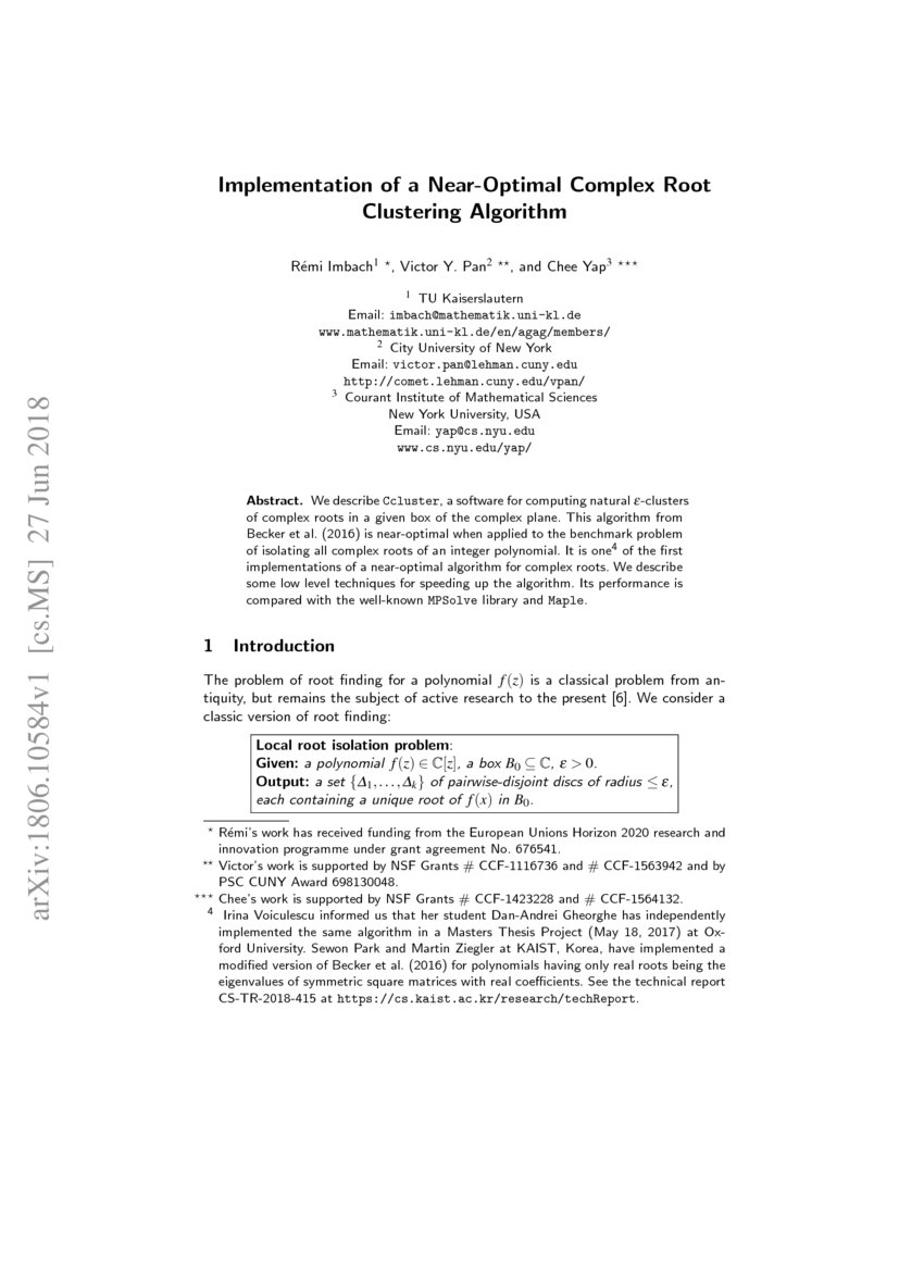 Implementation Of A Near Optimal Complex Root Clustering Algorithm Deepai