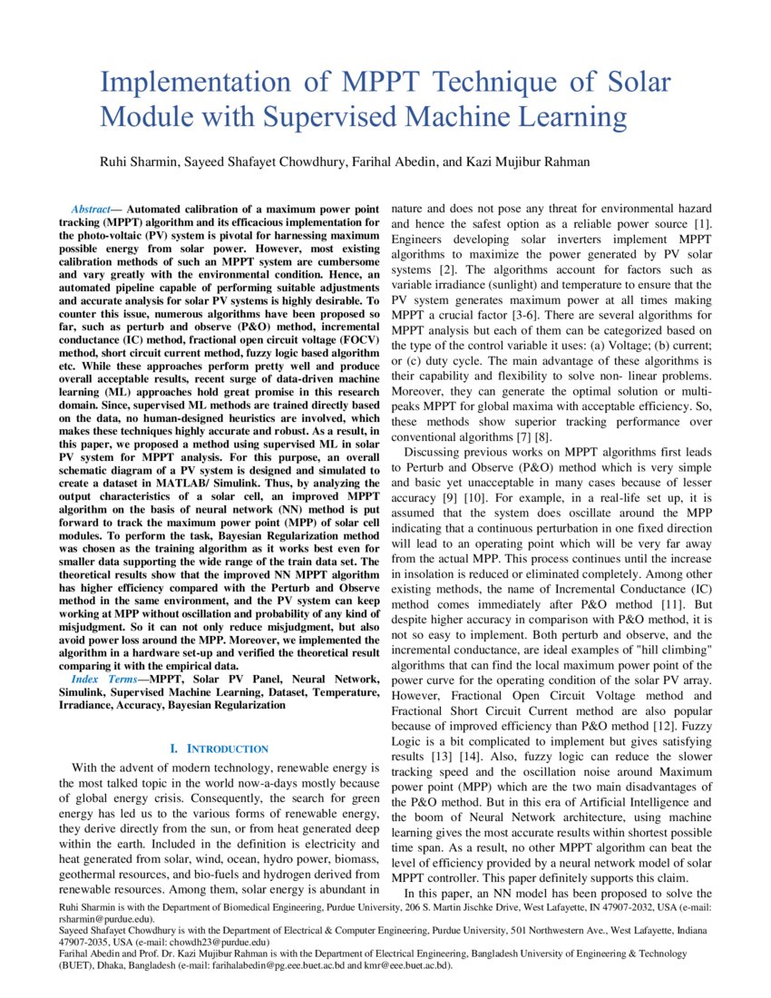 Implementation of MPPT Technique of Solar Module with Supervised ...