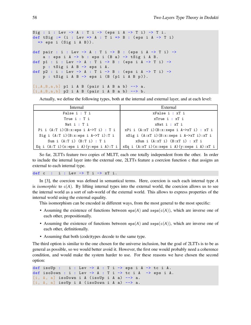 Implementation of Two Layers Type Theory in Dedukti and Application to ...