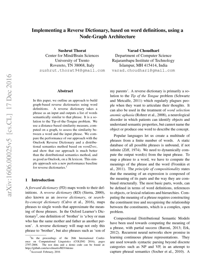 Implementing A Reverse Dictionary Based On Word Definitions Using A Node Graph Architecture