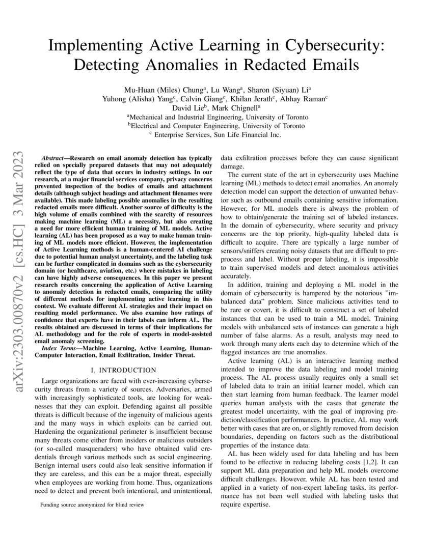 Implementing Active Learning In Cybersecurity Detecting Anomalies In Redacted Emails Deepai
