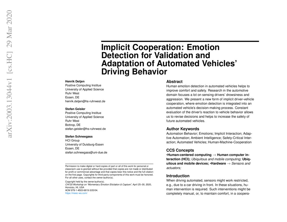 Implicit Cooperation Emotion Detection For Validation And Adaptation Of Automated Vehicles 