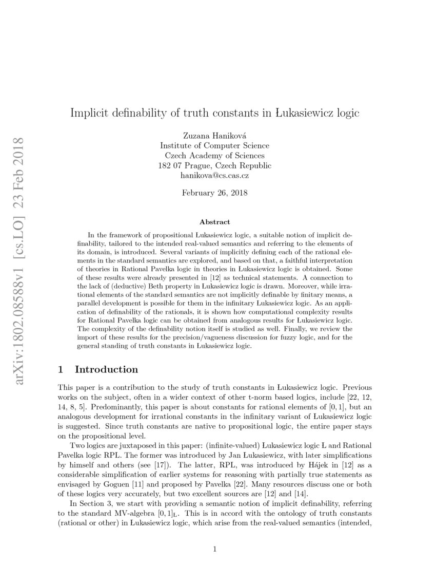 Implicit definability of truth constants in Łukasiewicz logic | DeepAI