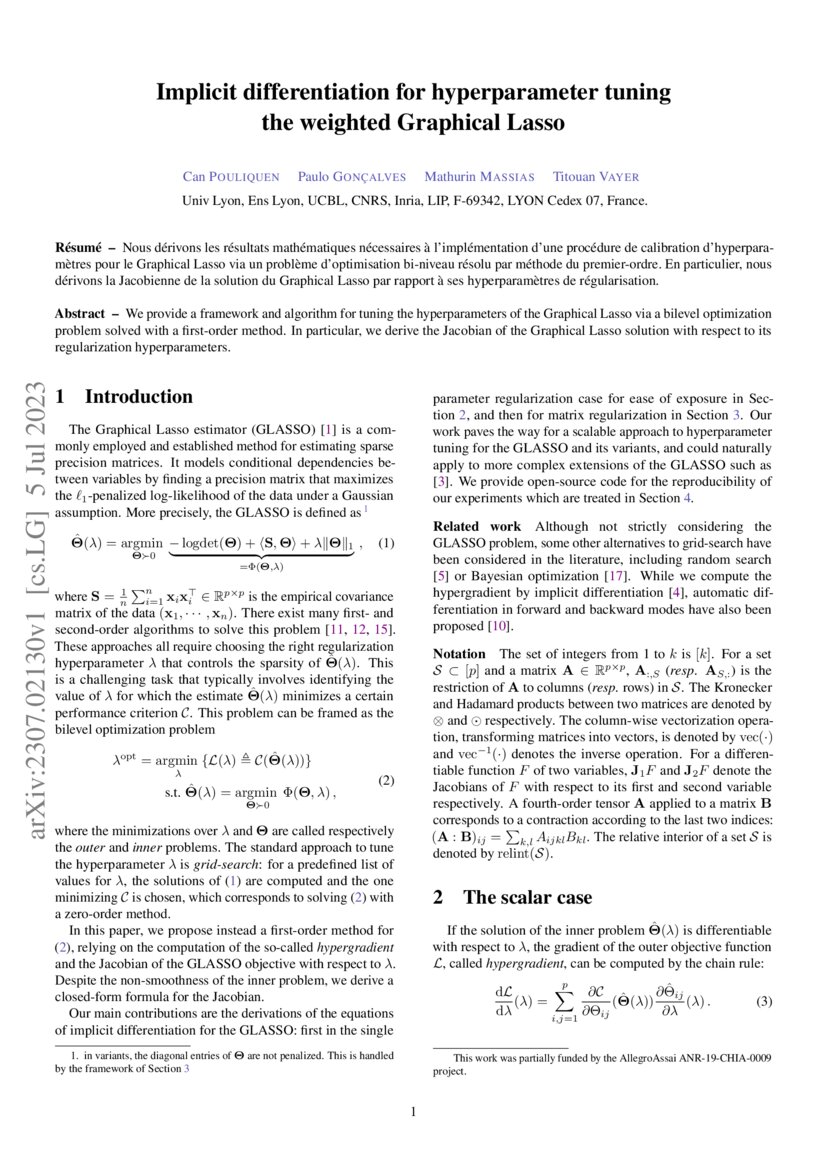 Implicit Differentiation for Hyperparameter Tuning the Weighted Graphical Lasso | DeepAI