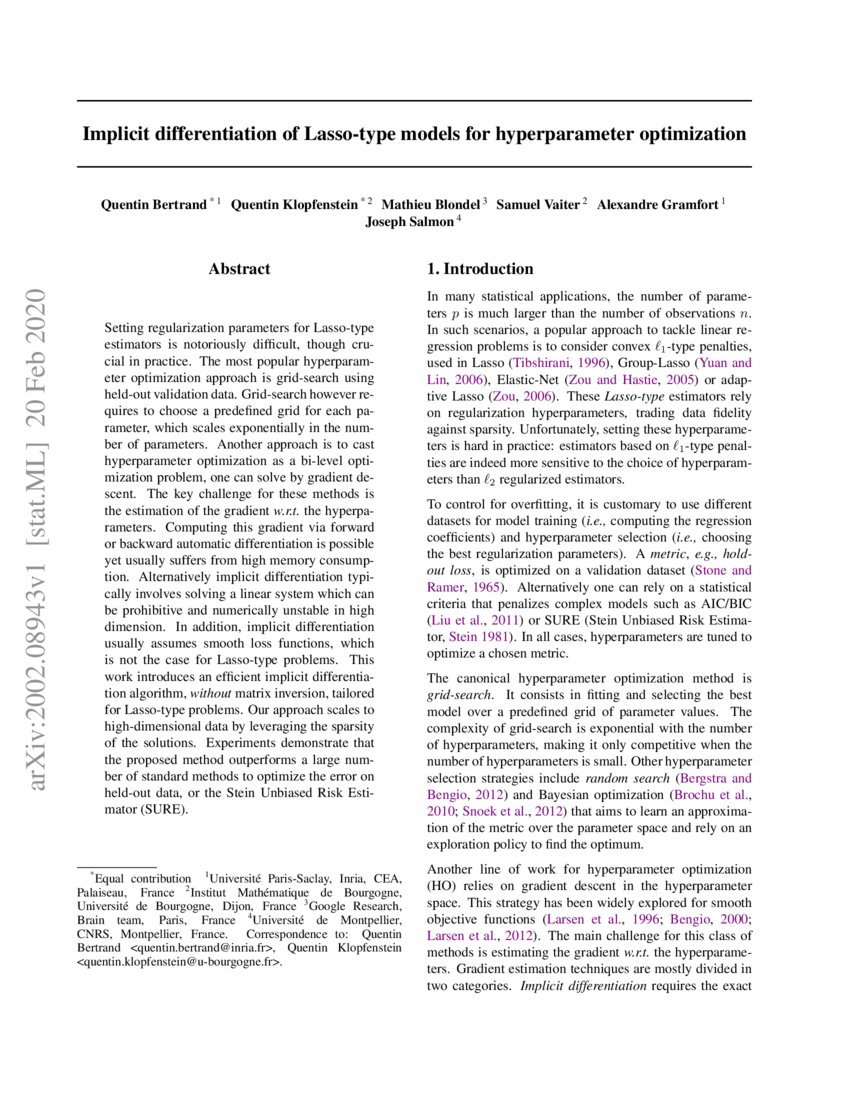 Implicit differentiation of Lasso-type models for hyperparameter optimization | DeepAI