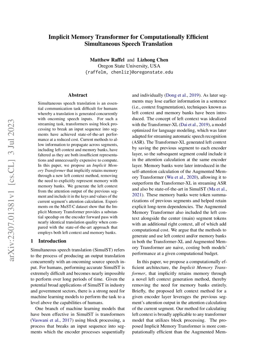 Implicit Memory Transformer For Computationally Efficient Simultaneous