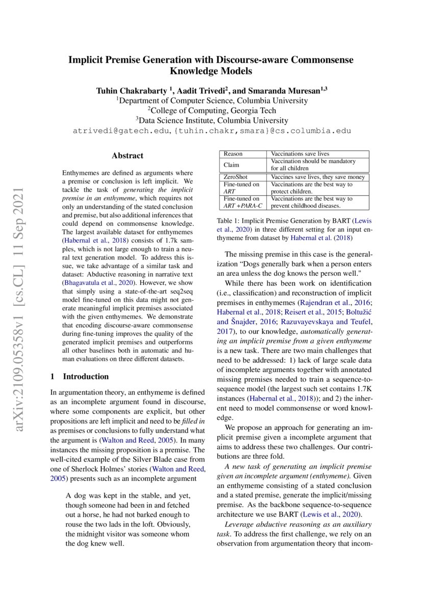 Implicit Premise Generation with Discourse-aware Commonsense Knowledge Models | DeepAI