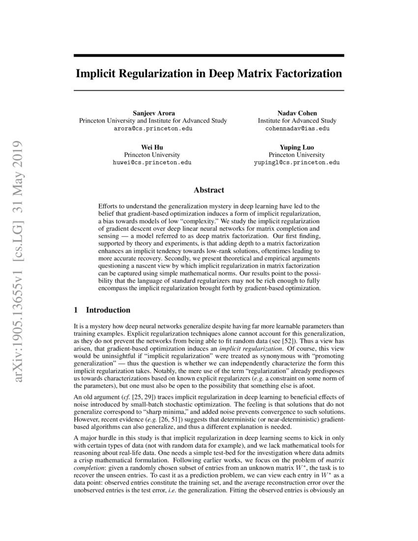 Implicit Regularization in Deep Matrix Factorization | DeepAI