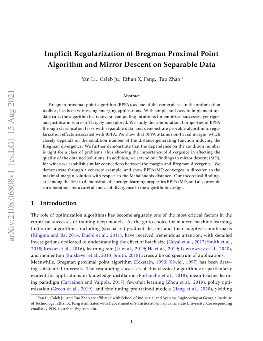 Implicit Regularization of Bregman Proximal Point Algorithm and Mirror ... Implicit Regularization of Bregman Proximal Point Algorithm and Mirror ...
