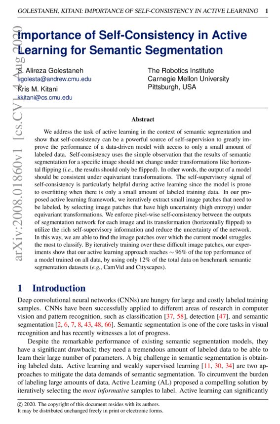 Importance of Self-Consistency in Active Learning for Semantic Segmentation | DeepAI