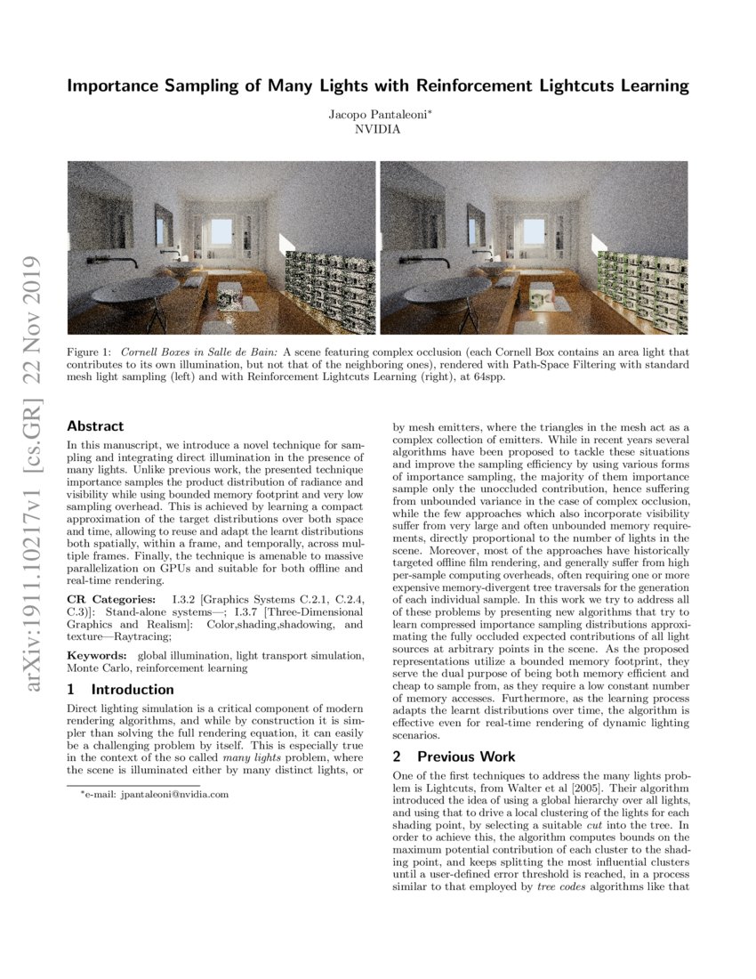 Importance Sampling of Many Lights with Reinforcement Lightcuts Learning | DeepAI