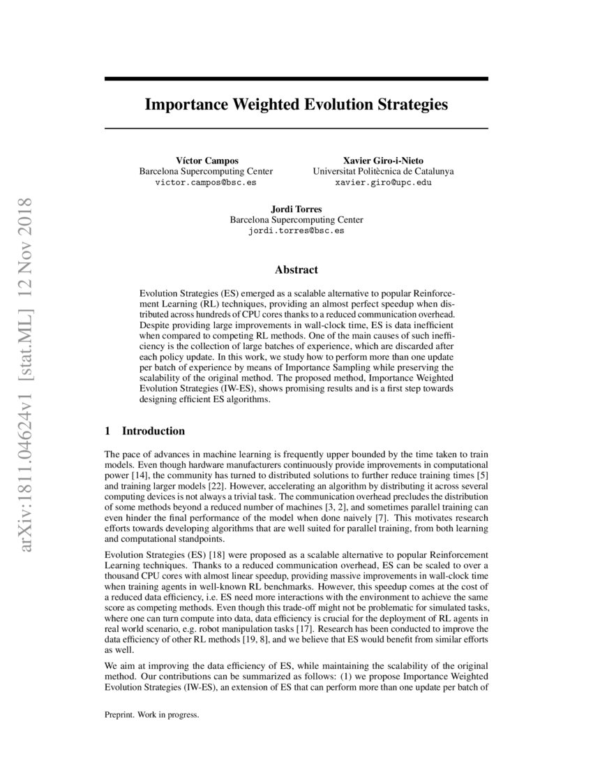 Importance Weighted Evolution Strategies | DeepAI Importance Weighted Evolution Strategies | DeepAI